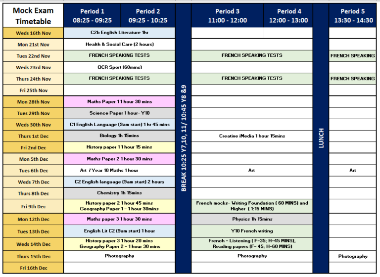 Mock Exam Timetable - The Laurel Academy